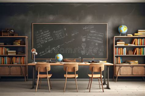 Modern Classroom With Wooden Furniture And Educational Materials On Display Stock Illustration