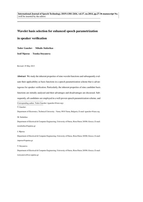 Pdf Wavelet Basis Selection For Enhanced Speech Parametrization In Speaker Verification