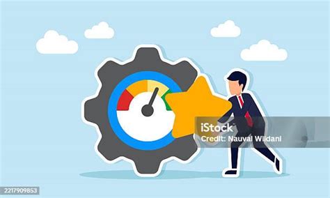 사업 품질 표준 개선의 레벨 표시기 그림이있는 장비 옆에 별을 들고있는 사업가 개발에 대한 스톡 벡터 아트 및 기타 이미지 개발 개선 검사 보기 Istock