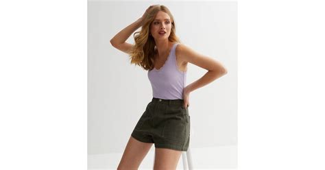 Lilac Ribbed Lace Trim Vest New Look