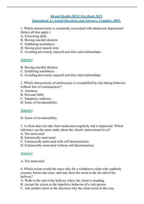 Mental Health Hesi Test Bank 2023 Guaranteed A Actual Questions And