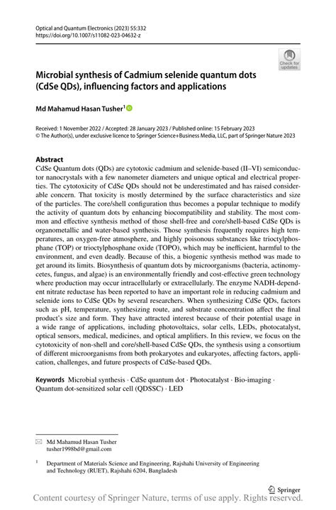 Microbial Synthesis Of Cadmium Selenide Quantum Dots Cdse Qds