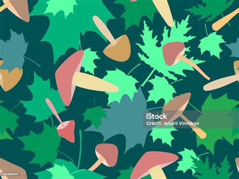 나뭇잎과 버섯이 있는 가을 이음매 없는 패턴 잎이 떨어지고 단풍 나무와 오크 잎이 다른 버섯을 가지고 있습니다 벽지 인쇄물 타이포그래피 및 포장지를 위한 디자인 벡터 그림