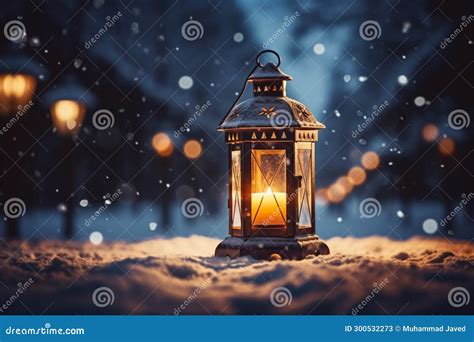 Burning Glowing Lantern In Winter Snow Beautiful Winter Background