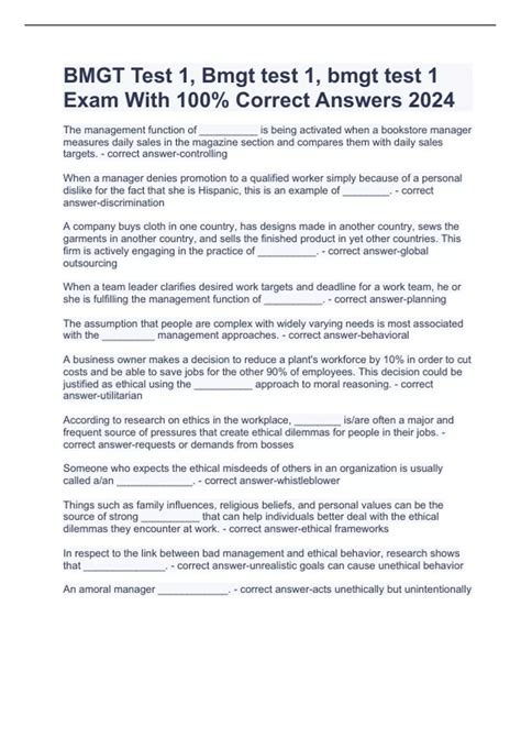 BMGT Test 1 Bmgt Test 1 Bmgt Test 1 Exam With 100 Correct Answers 2024 BMGT Stuvia US