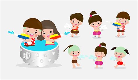송크란 축제 세트는 물총을 들고 점프하는 아이들이 송크란 태국 의상에서 튀는 물을 즐긴다 흰색 배경 벡터에 격리된 전통 새해