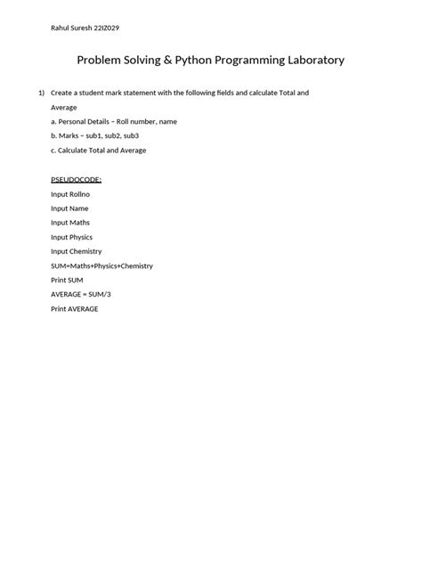 Problem Solving And Python Programming Laboratory Pseudocode Pdf