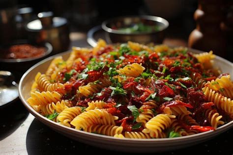 Premium Photo Rotini With Sundried Tomato Pesto