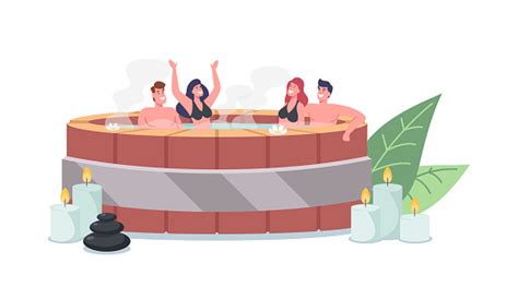 뜨거운 물을 복용 사우나와 스파 절차 휴식과 나무 온천 목욕에 앉아 젊은 남자와 여자 문자 건강관리와 의술에 대한 스톡 벡터