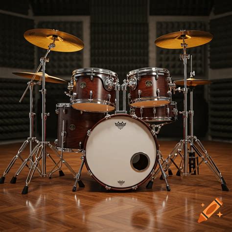 Photorealistic Drum Set With Dark Wood Shells And Gold Cymbals In A