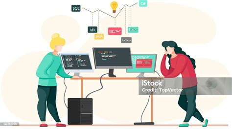 Programmer Engineering And Coding Programmer Working On Web Development On Computers Stock