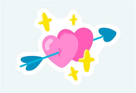 큐피드 화살에 찔린 하트 커플 사랑과 낭만적 만화 스티커 디자인의 벡터 그림 큐피드에 대한 스톡 벡터 아트 및 기타 이미지