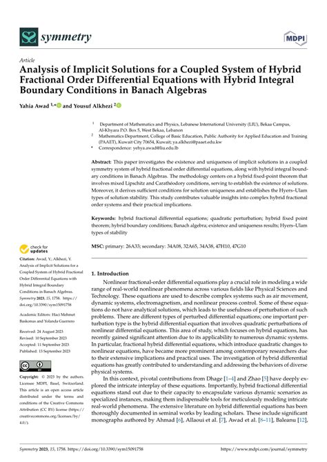 Pdf Analysis Of Implicit Solutions For A Coupled System Of Hybrid Fractional Order