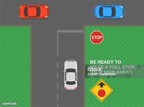 안전 운전 요령 및 교통 규제 규칙 미국 앞서 멈춰라표지판 의미 트래픽 흐름의 평면도 완전히 멈출 준비를 하십시오 벡터 일러스트 레이 션 템플릿 개체 그룹에 대한 스톡 벡터