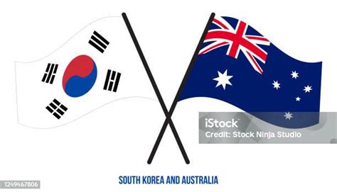 한국과 호주 국기가 교차하고 플랫 스타일을 흔들었다 공식 비율 올바른 색상입니다 Friends Of The Earth에 대한