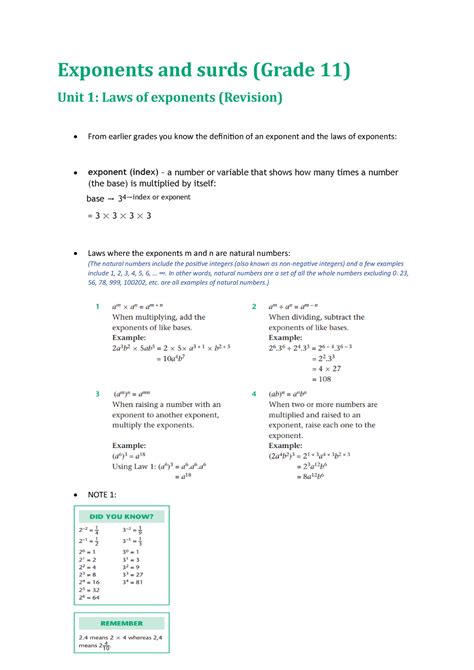 Algebra Exponents And Surds Exponents And Surds Grade 11 Unit 1