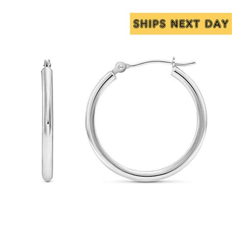 14k White Gold Round Hoop Earrings Solid 14k Gold Hoops With A Classic