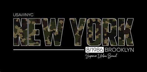 니트 위장 질감의 뉴욕 티셔츠 디자인 니트 카모와 군사 및 군대 스타일의 브루클린 티셔츠에 대한 타이포그래피 그래픽 벡터 T