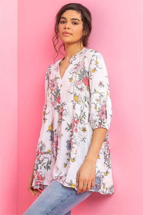 Floral Print Notch Neck Top In White Roman Originals UK