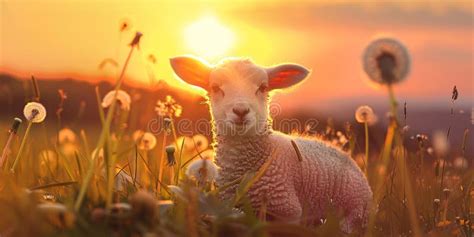 Cute Furry Lamb And Dandelion Over Sunset In The Field With Copy Space