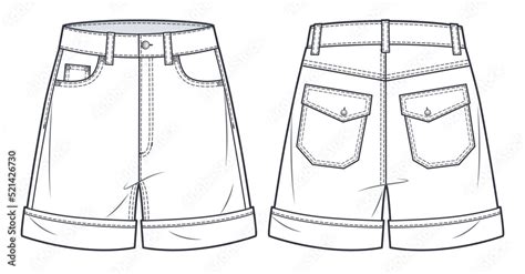 Short Pants Technical Fashion Illustration High Waisted Denim Shorts Fashion Flat Sketch