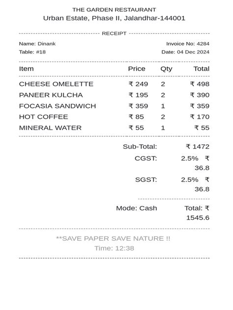 Garden Restaurant Invoice Sample Pdf
