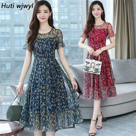 3xl Plus Size Summer Floral Chiffon Boho Sundress 2018 Korean Elegant