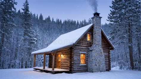 A Cozy Log Cabin Nestled In A Snowy Forest With A Warm Glow From Its