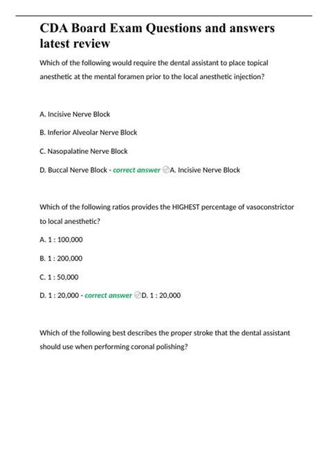 Cda Board Exam Questions And Answers Latest Review Cda Board Stuvia Us