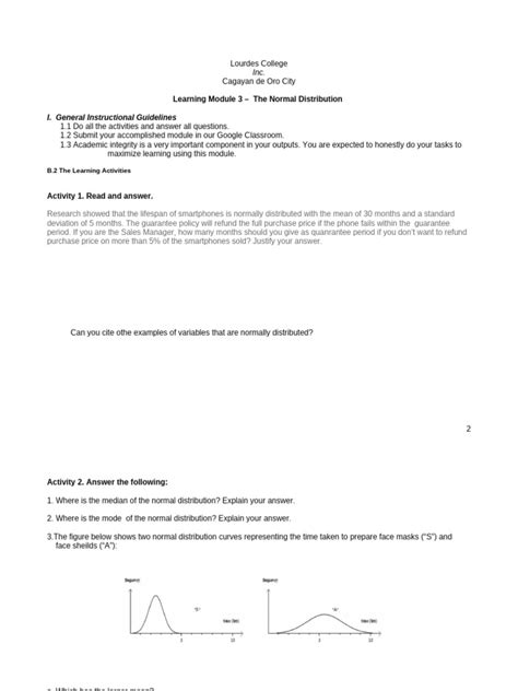 Module 3 Normal Distribution Activities Pdf Normal Distribution