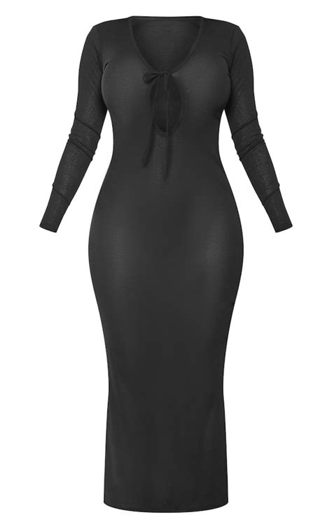 Shape Black Long Sleeve Plunge Tie Maxi Dress Shape Prettylittlething