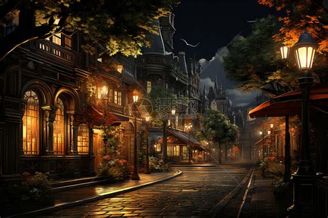 夜晚微弱灯光下的古镇街道插画图片下载 正版图片600768609 摄图网