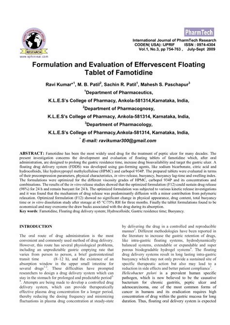 Pdf Formulation And Evaluation Of Effervescent Floating Tablet Of