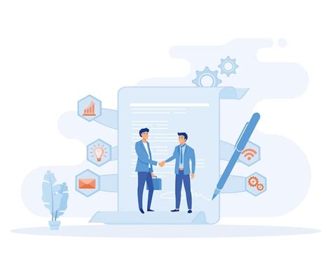 컨셉 비즈니스 약속 사업가들은 서명된 계약서에 서서 악수를 합니다 프리미엄 벡터