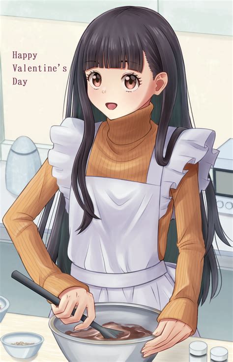 Safebooru 1girl O Apron Black Hair Blunt Bangs Bowl Brown Eyes Brown