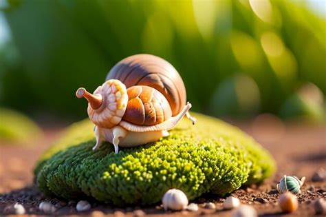 Un Caracol En Una Roca Con Un Fondo Verde Foto Premium