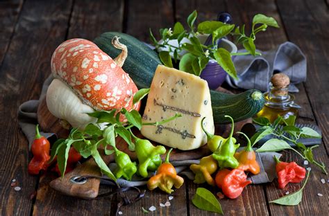 Still Life Cheese Pumpkin Bell Pepper Vegetables Hd Wallpaper