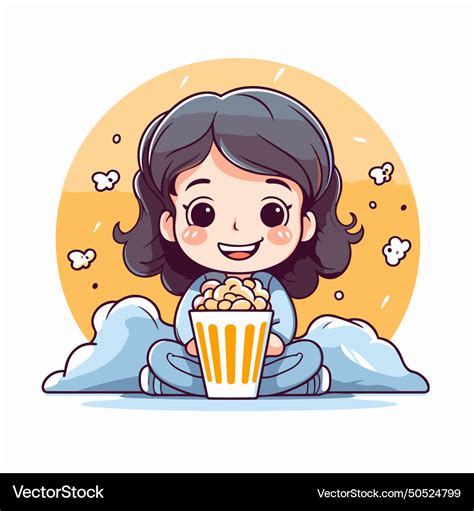 Cute Girl Eating Popcorn Cartoon Character Vector Image