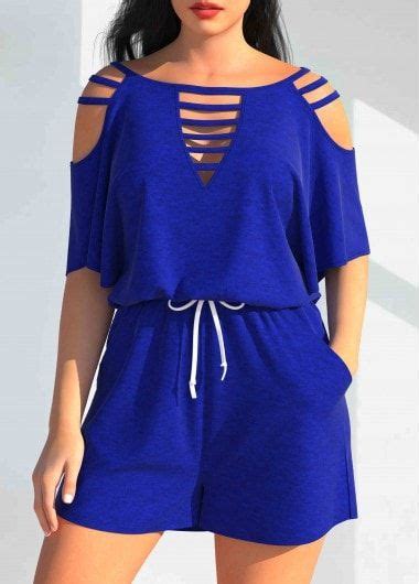 ROTITA Pocket Ladder Cutout Cold Shoulder Royal Blue Romper Chic