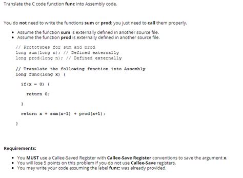 Solved Translate The C Code Function Func Into Assembly