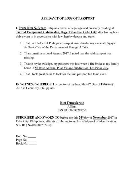 Affidavit Of Loss Passport