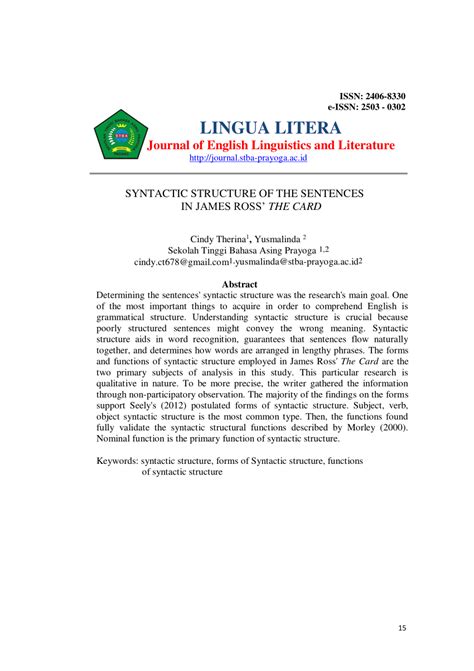 Pdf Syntactic Structure Of The Sentences In James Ross The Card