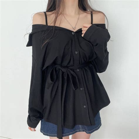 큰옷빅진 S Sver🌱인기재입고 당출🚚흘러내림x 빅사이즈 110까지 여리청순섹시 하프 오프숄더 리본끈 미니 긴팔 셔츠 원피스[257]데일리 버튼온오프 미니드레스 데이트룩