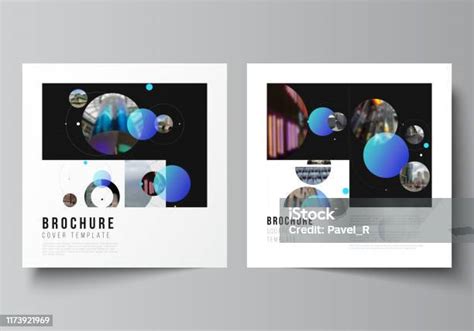 두 개의 정사각형 형식의 벡터 레이아웃은 브로셔 전단지 잡지에 대한 디자인 템플릿을 다룹니다 심플한 디자인의 미래지향적인 컨셉 행성과 별을 형성하는 원과 둥근 모양의 창조적