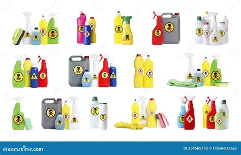 Set With Different Toxic Household Chemicals With Warning Signs On