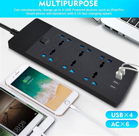 Sky Touch Power Strips Extension Cord 6 Outlets Universal Plug Adapter 4 Usb Charging Ports