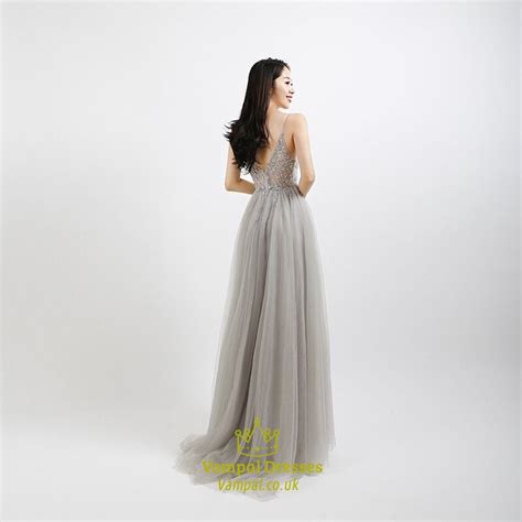 Blue Gray Prom Dresses Gown Beaded Crystal Long V Neck Spaghetti Strap