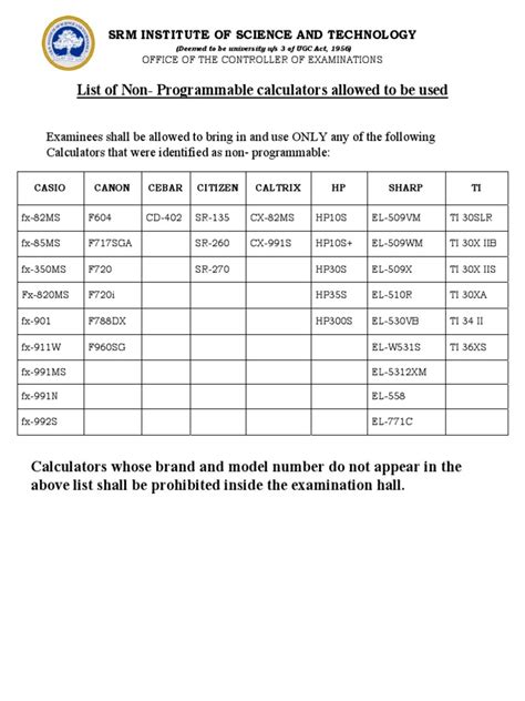 List Of Non Programmable Calculators Allowed To Be Used Pdf