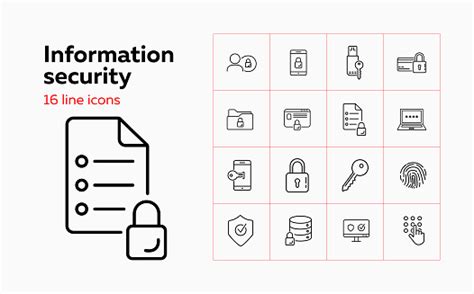 정보 보안 라인 아이콘 세트입니다 키 잠금 암호 데이터 저장 보호 개념입니다 정보 기술 개인 데이터 안전 과 같은 주제에 사용할 수 있습니다 개념에 대한 스톡 벡터 아트 및
