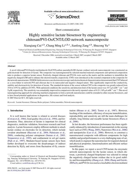 Pdf Highly Sensitive Lactate Biosensor By Engineering Chitosan Pvi Os Cnt Lod Network